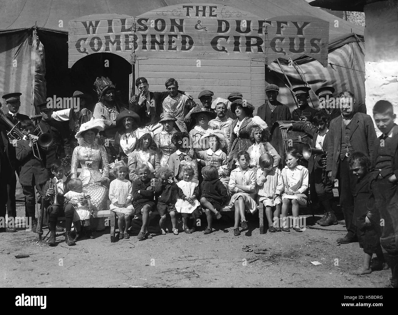 A photograph showing the full cast and crew of Duffy's Circus, a ...