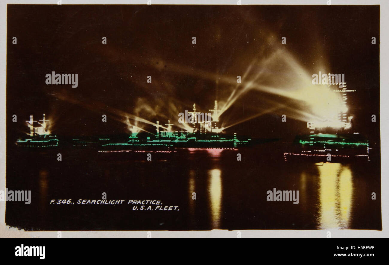 This image depicts searchlight practice conducted by the USA Fleet ...