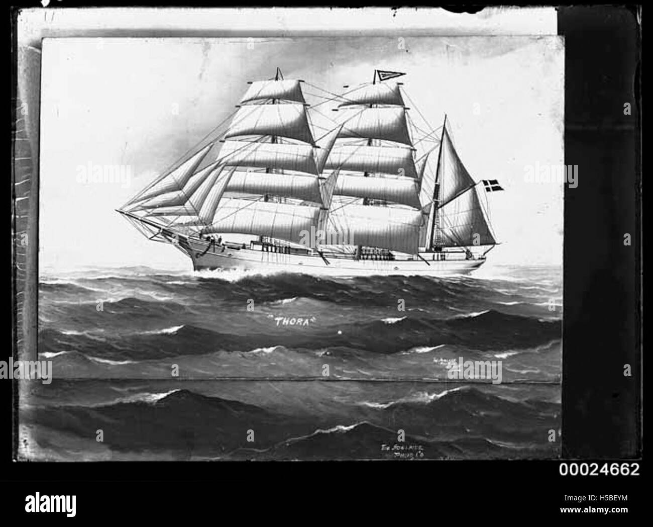 The Three-masted barque THORA is shown under full sail, highlighting ...