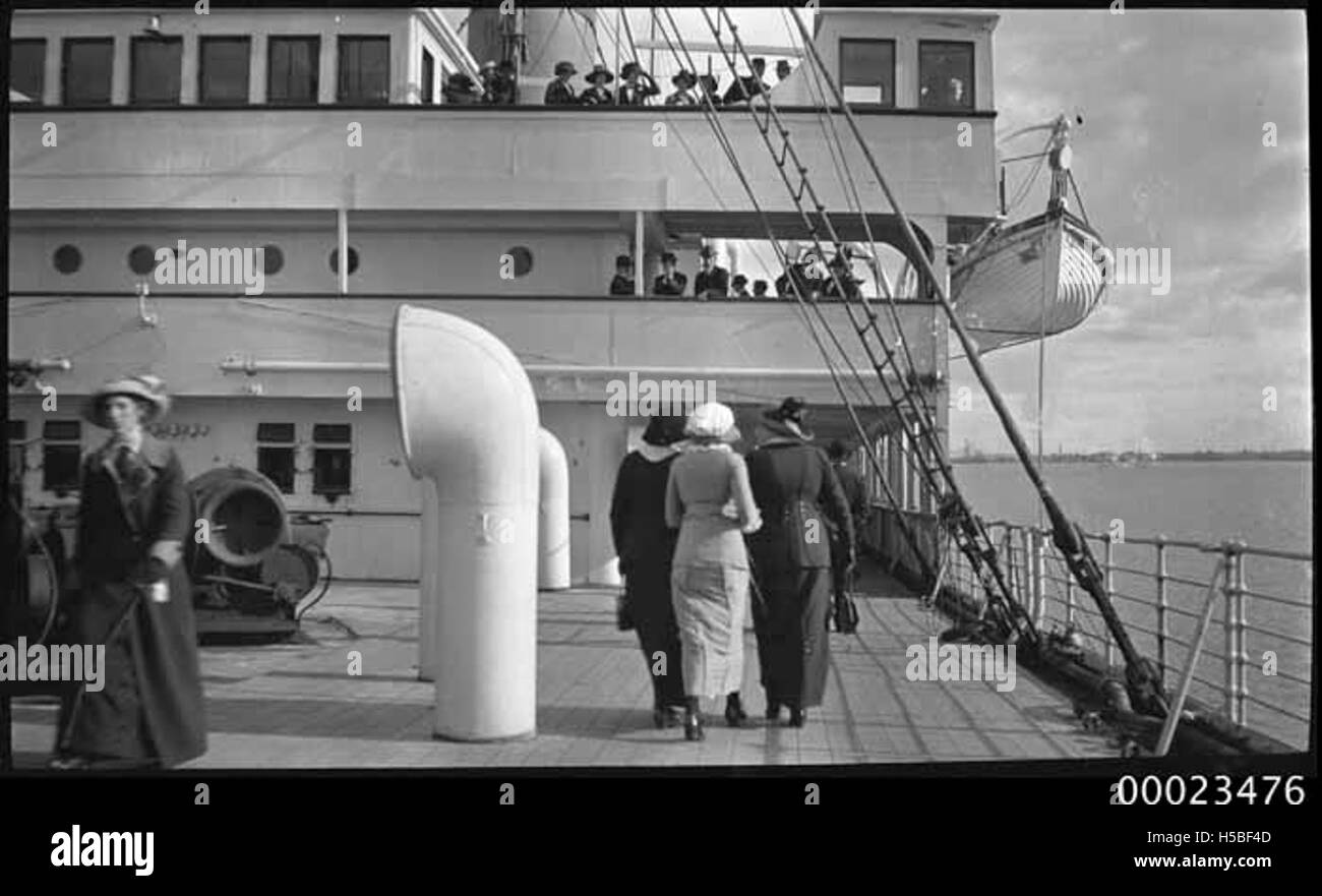 The photograph shows the portside deck of the SS Ceramic, a passenger ...