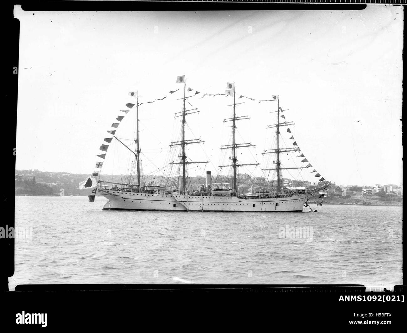 The KAIWO MARU, a large Japanese tall ship, is shown dressed overall ...