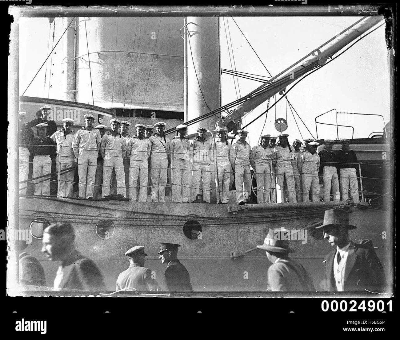 German seamen are pictured standing at ease on the deck of the ...