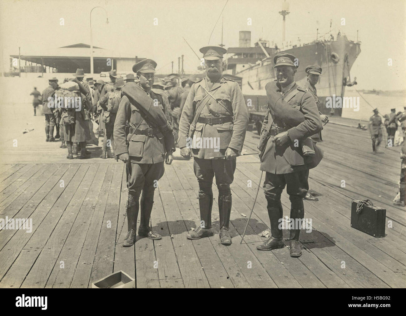 This photograph shows officers awaiting embarkation aboard the ...