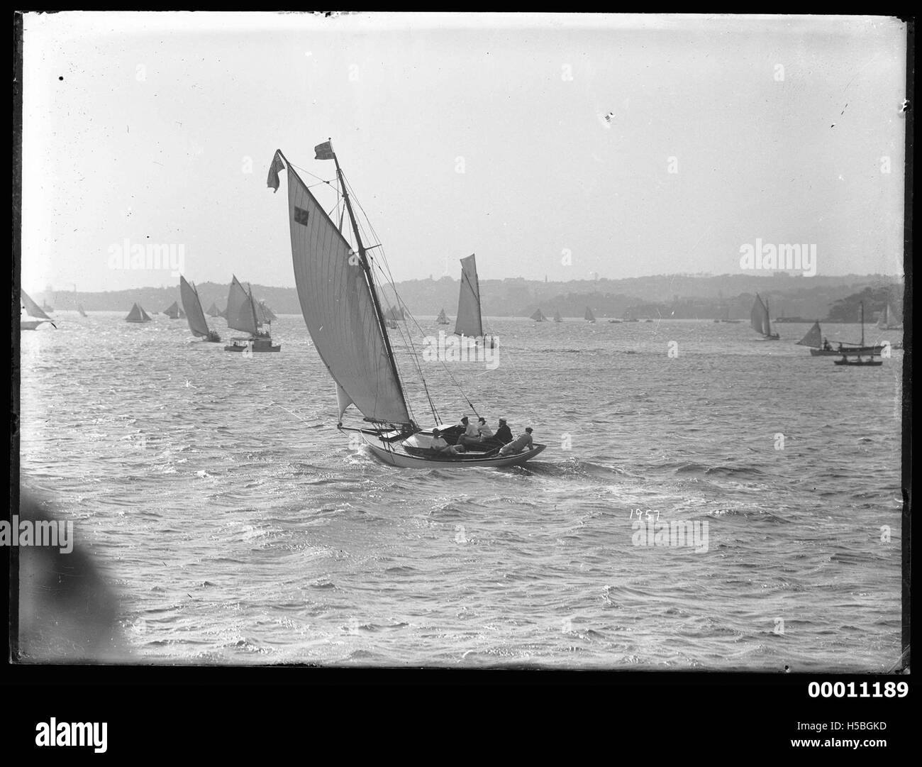 This image shows a sloop sailing on Sydney Harbour, capturing the ...