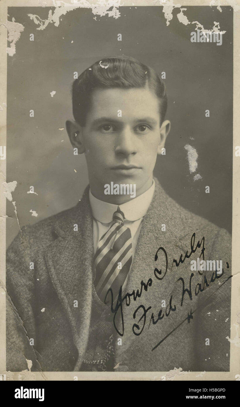 This photographic postcard features a portrait of Fred Ward, an ...