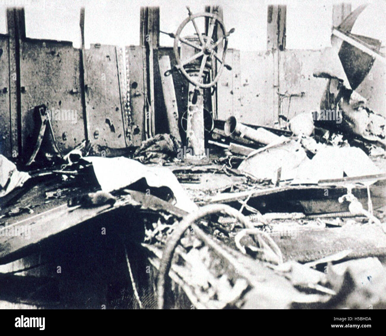The image captures the destruction on board the German cruiser Emden, a ...