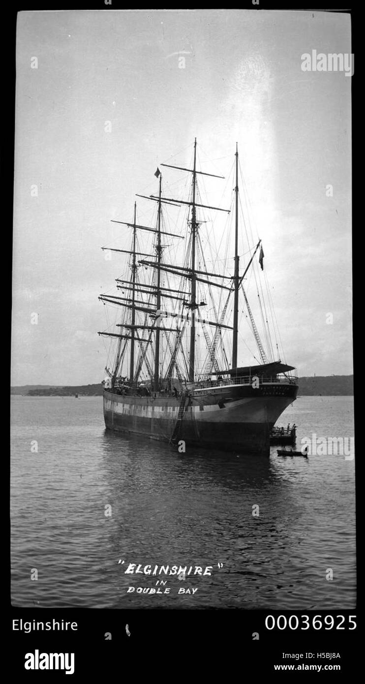 The four-masted barque Elginshire is anchored in Double Bay, capturing ...