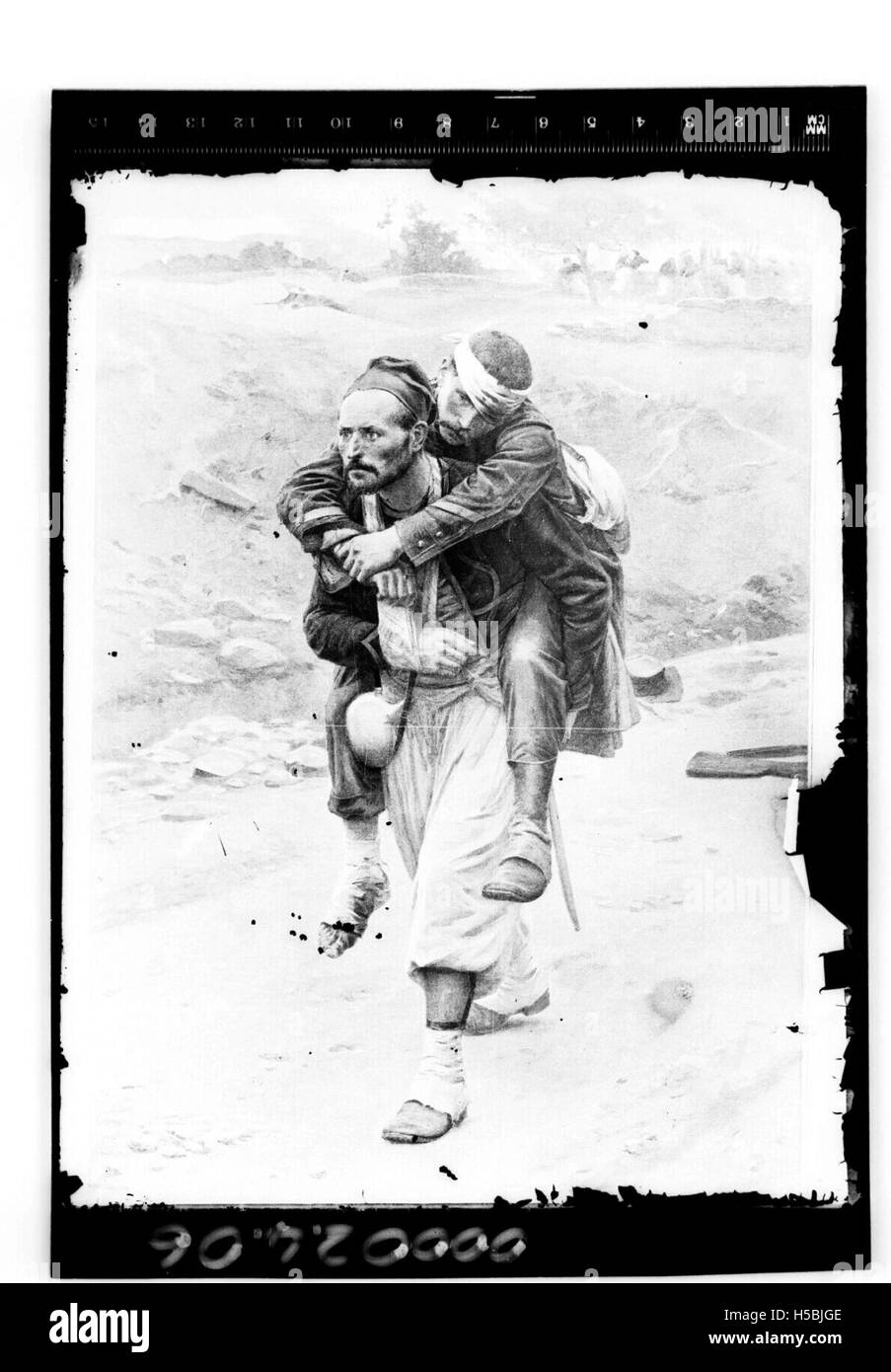 An image showing an unidentified wounded man being carried by a Zouave ...