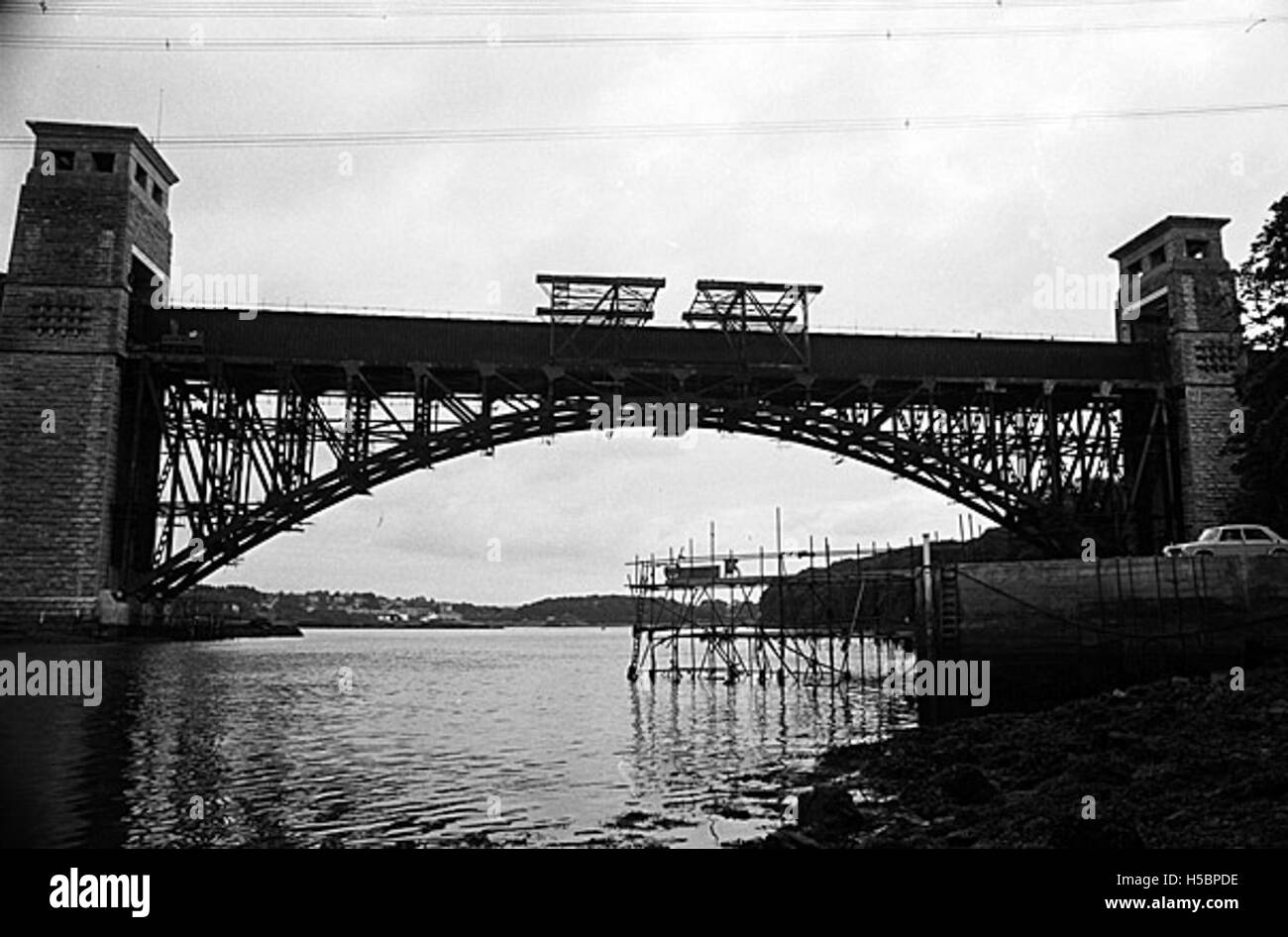 Photograph documenting the reconstruction of Britannia Bridge following ...