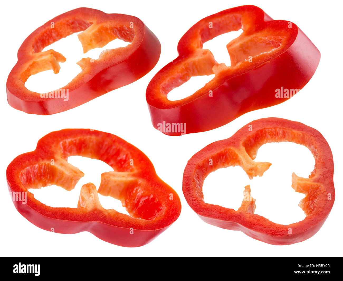 collection of red pepper slices isolated on the white background Stock ...