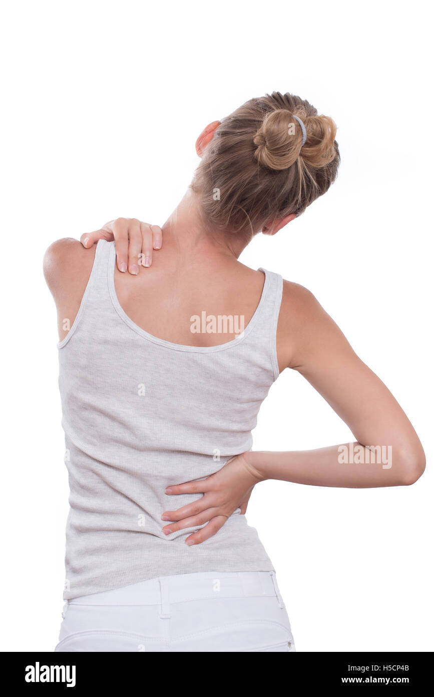 Woman with back pain, isolated on white background Stock Photo - Alamy