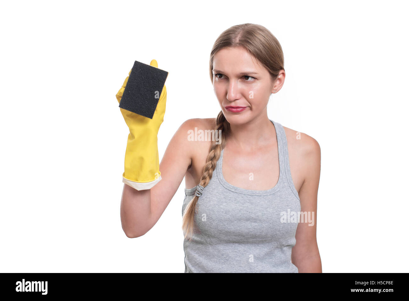 Tired cleaning woman isolated on white background Stock Photo - Alamy