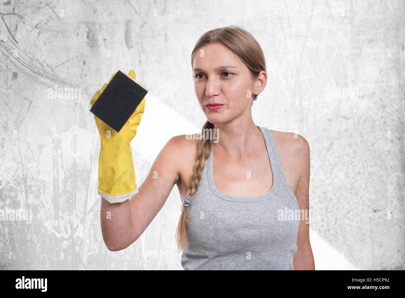 Tired cleaning woman isolated on white background Stock Photo - Alamy