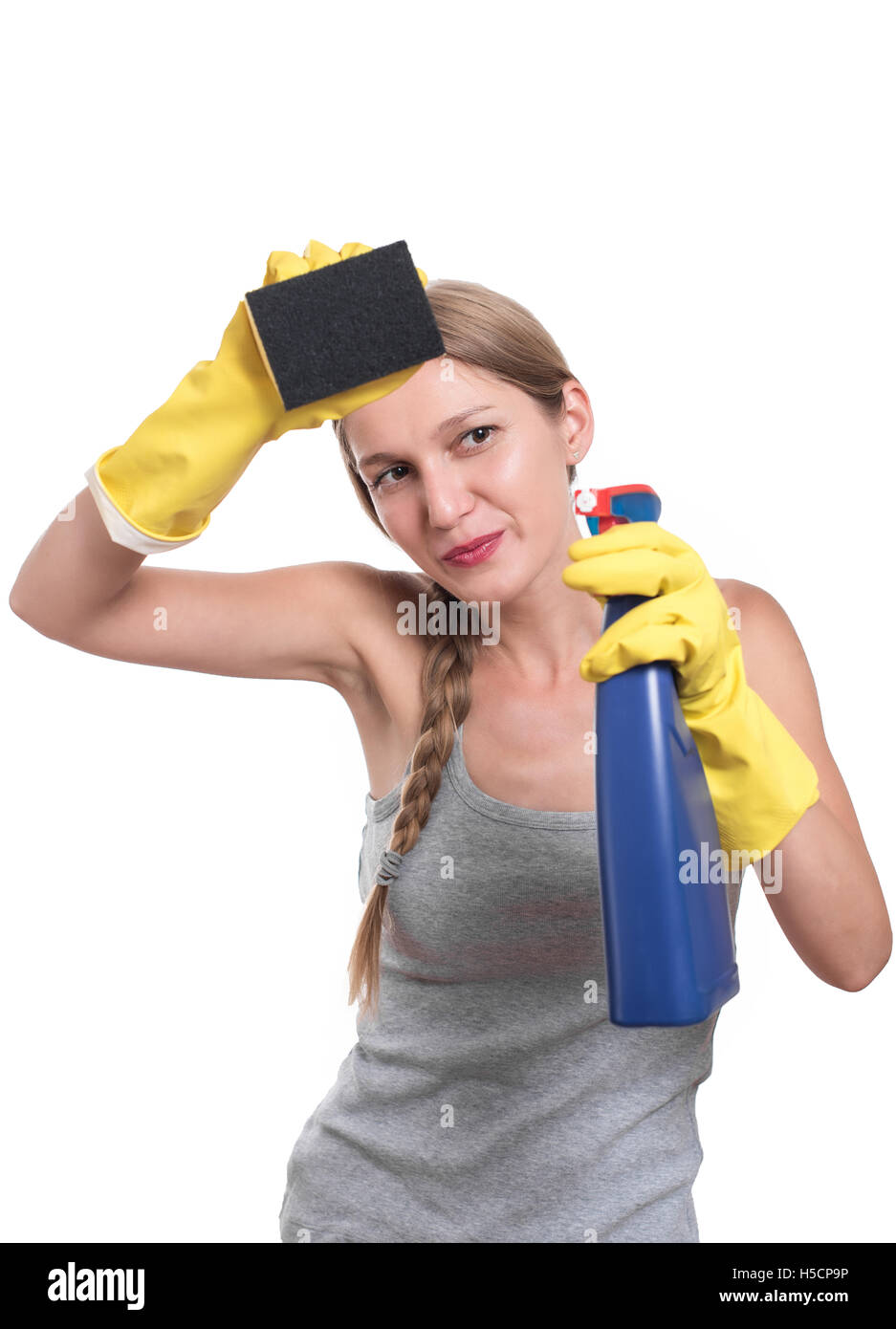 Tired cleaning woman Stock Photo - Alamy