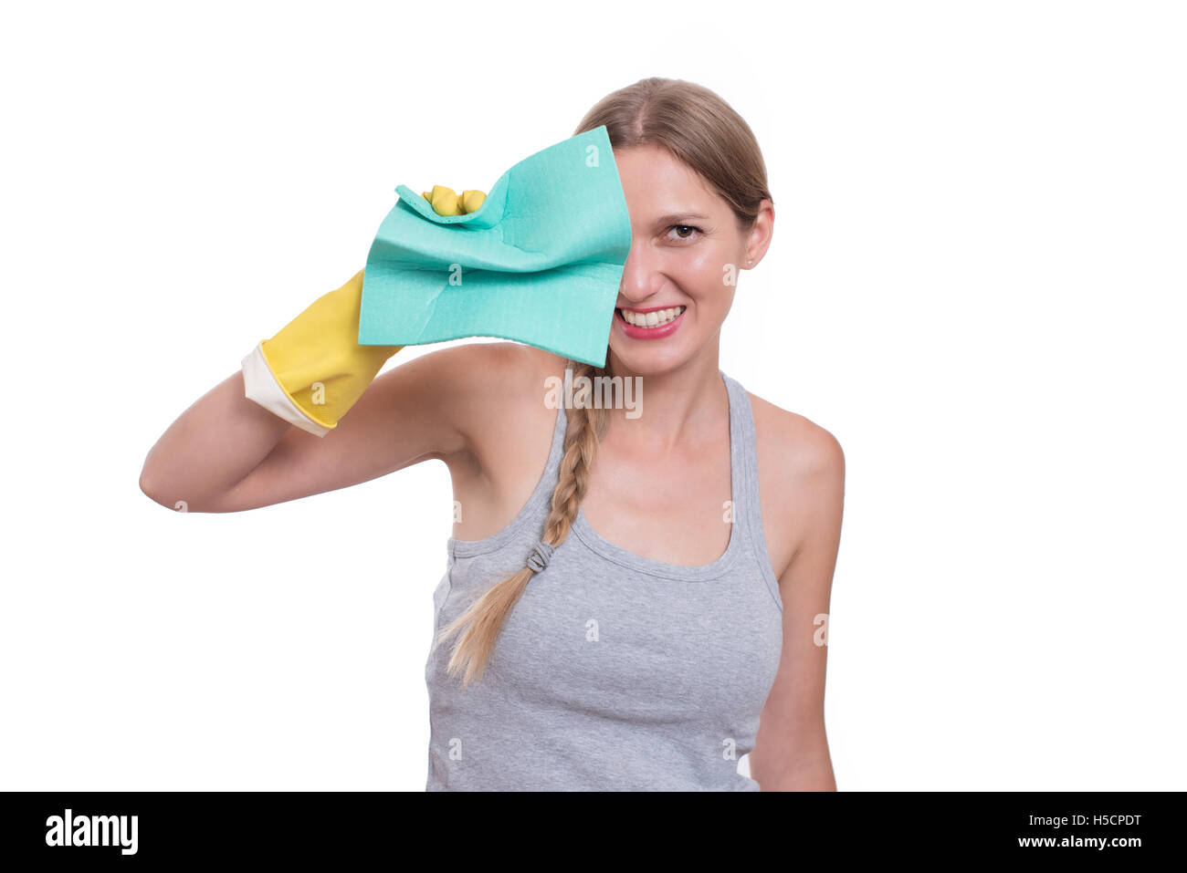 Young cheerful woman cleaning with rag, isolated on white background ...