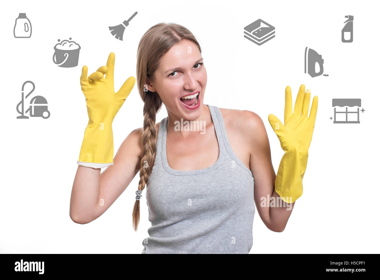 Woman ready for cleaning with rubber gloves and smiling Stock Photo - Alamy