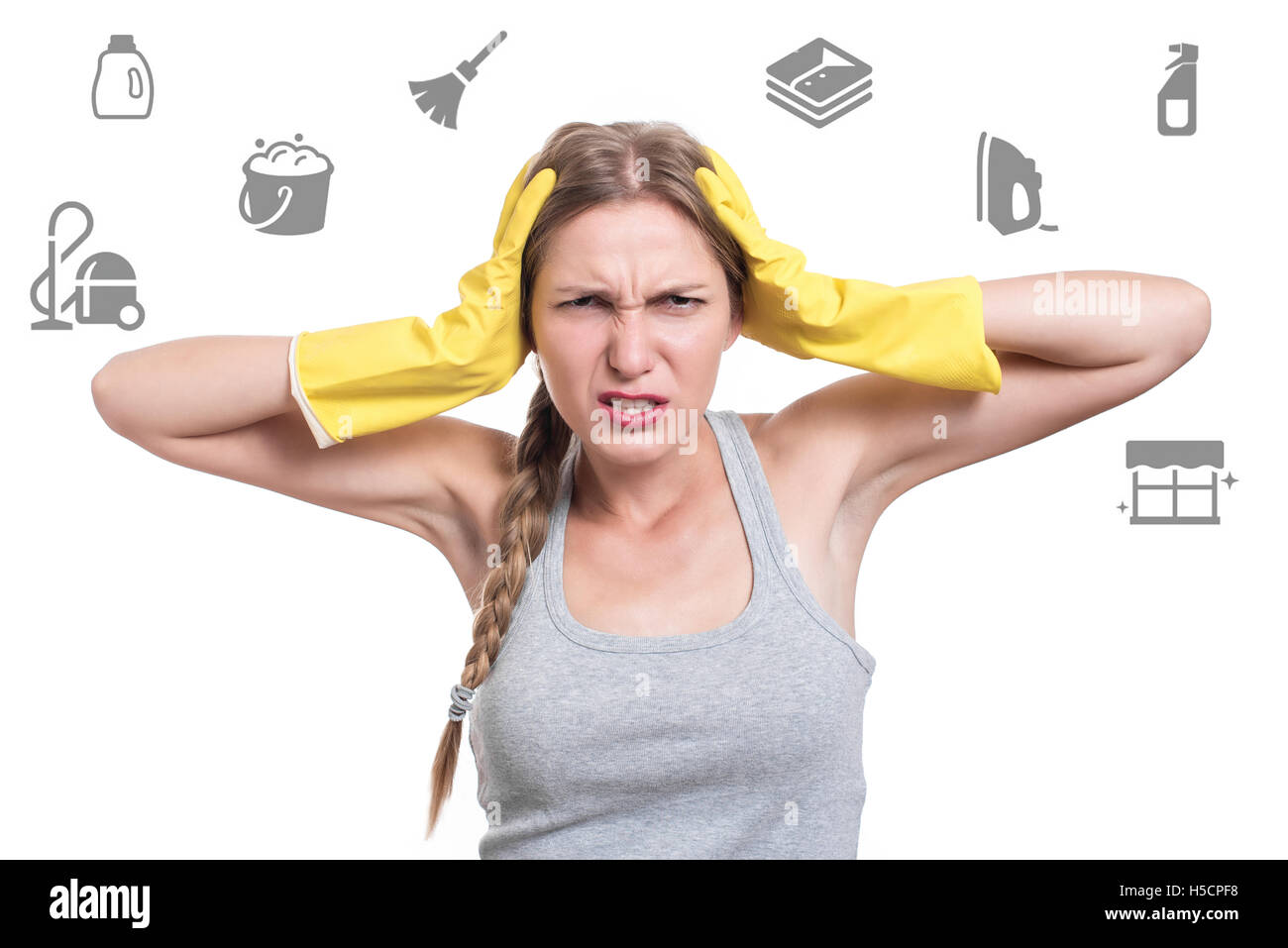 Tired and frustrated cleaning woman screaming Stock Photo - Alamy