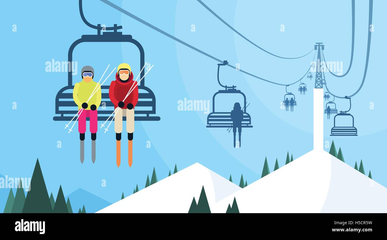 People Skier On Cable Car Transportation Rope Way Over Mountain Hill ...