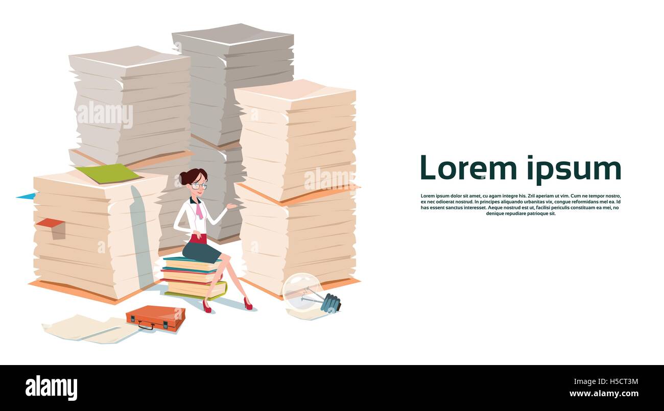 Business Woman Sit On Books Stacked Paper Document Paperwork Stock ...