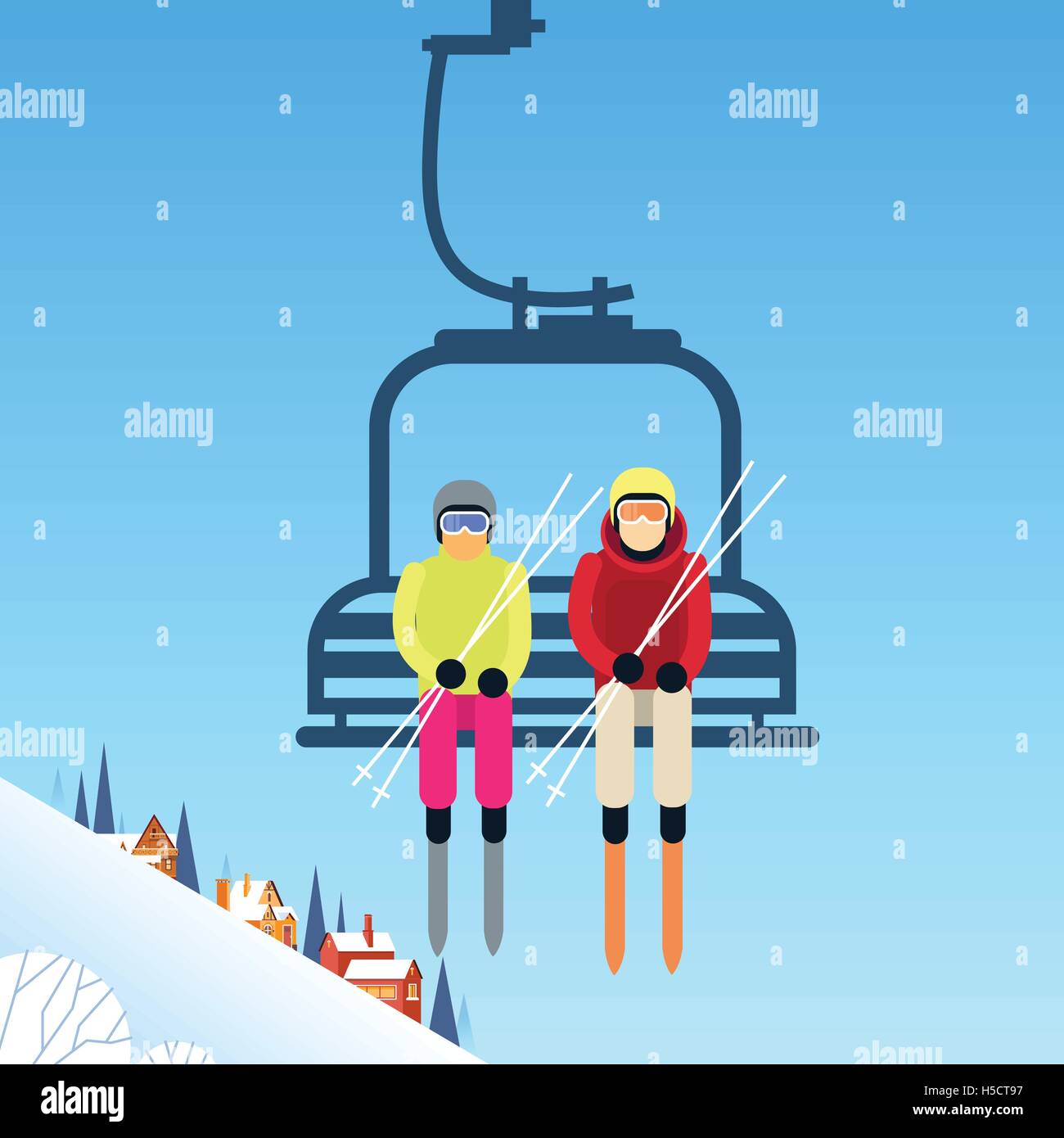 People Skier On Cable Car Transportation Rope Way Over Mountain Hill ...