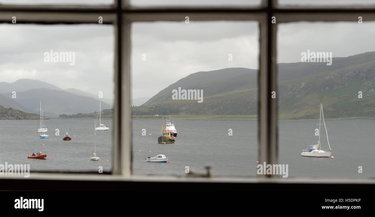 Looking at Loch Broom though a sliding sash window in Ullapool ...