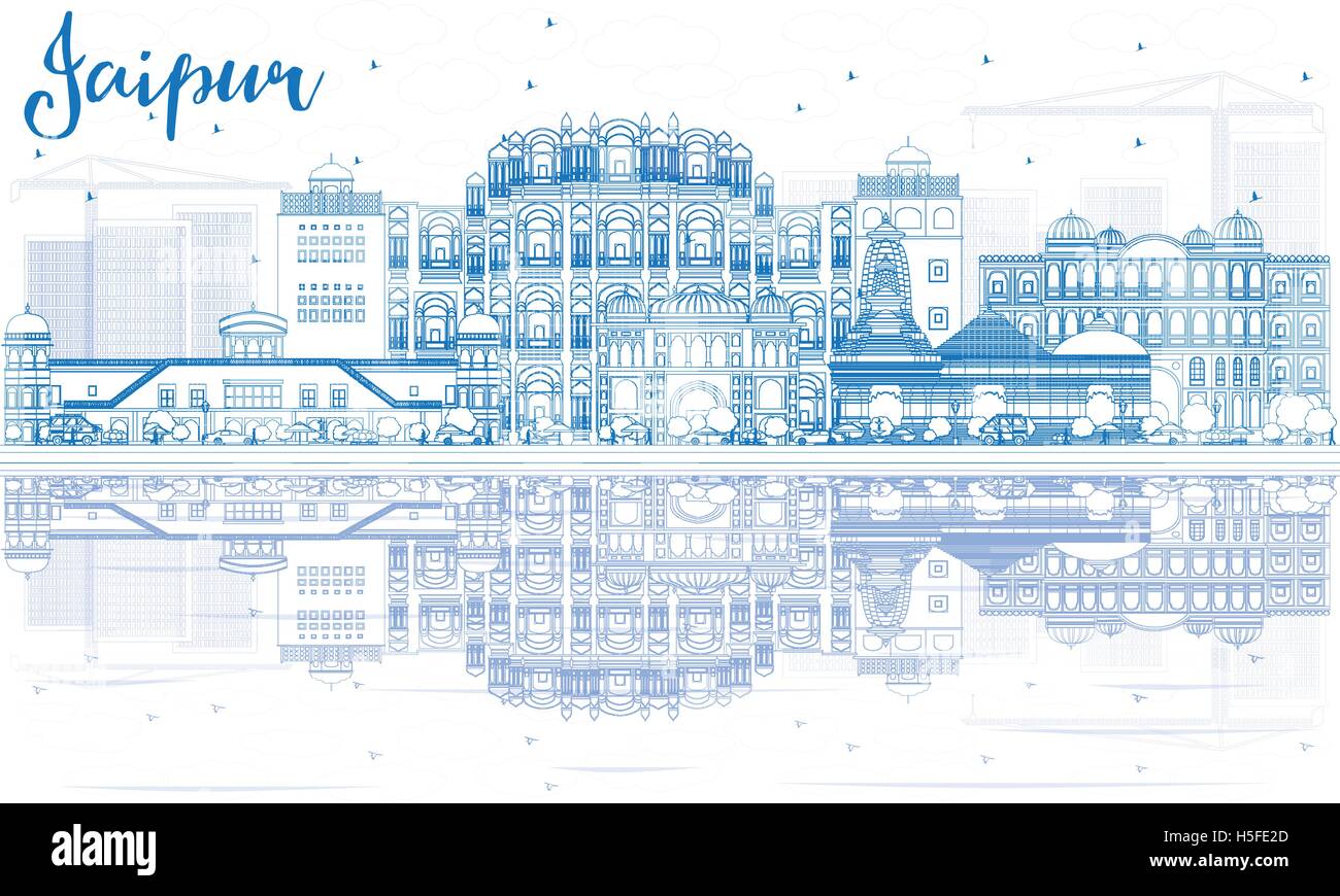 Outline Jaipur Skyline with Blue Landmarks and Reflections. Vector ...