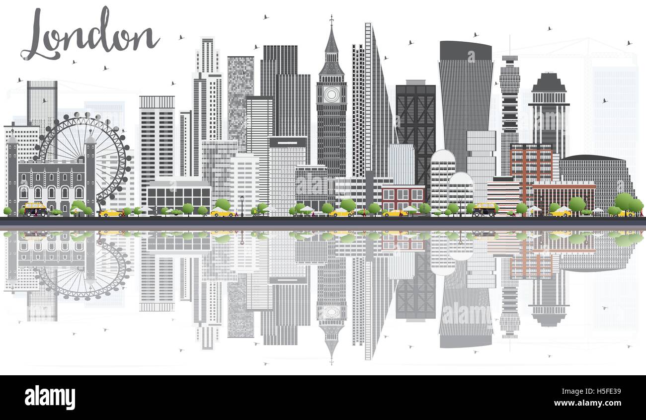 London Skyline with Gray Buildings and Reflections Isolated on White ...