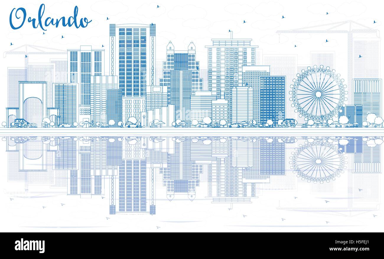 Outline Orlando Skyline with Blue Buildings and Reflections. Vector ...