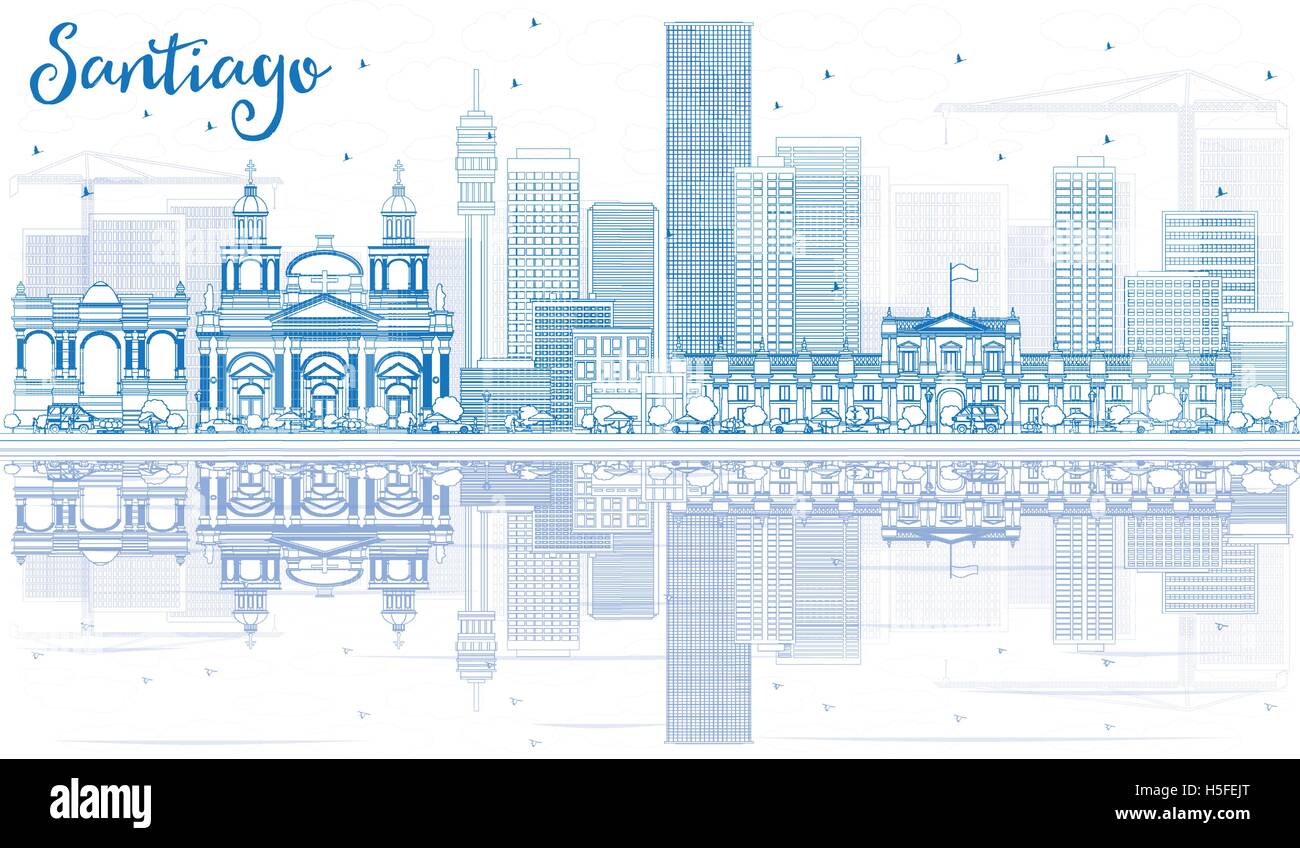 Outline Santiago Chile Skyline with Blue Buildings and Reflections ...