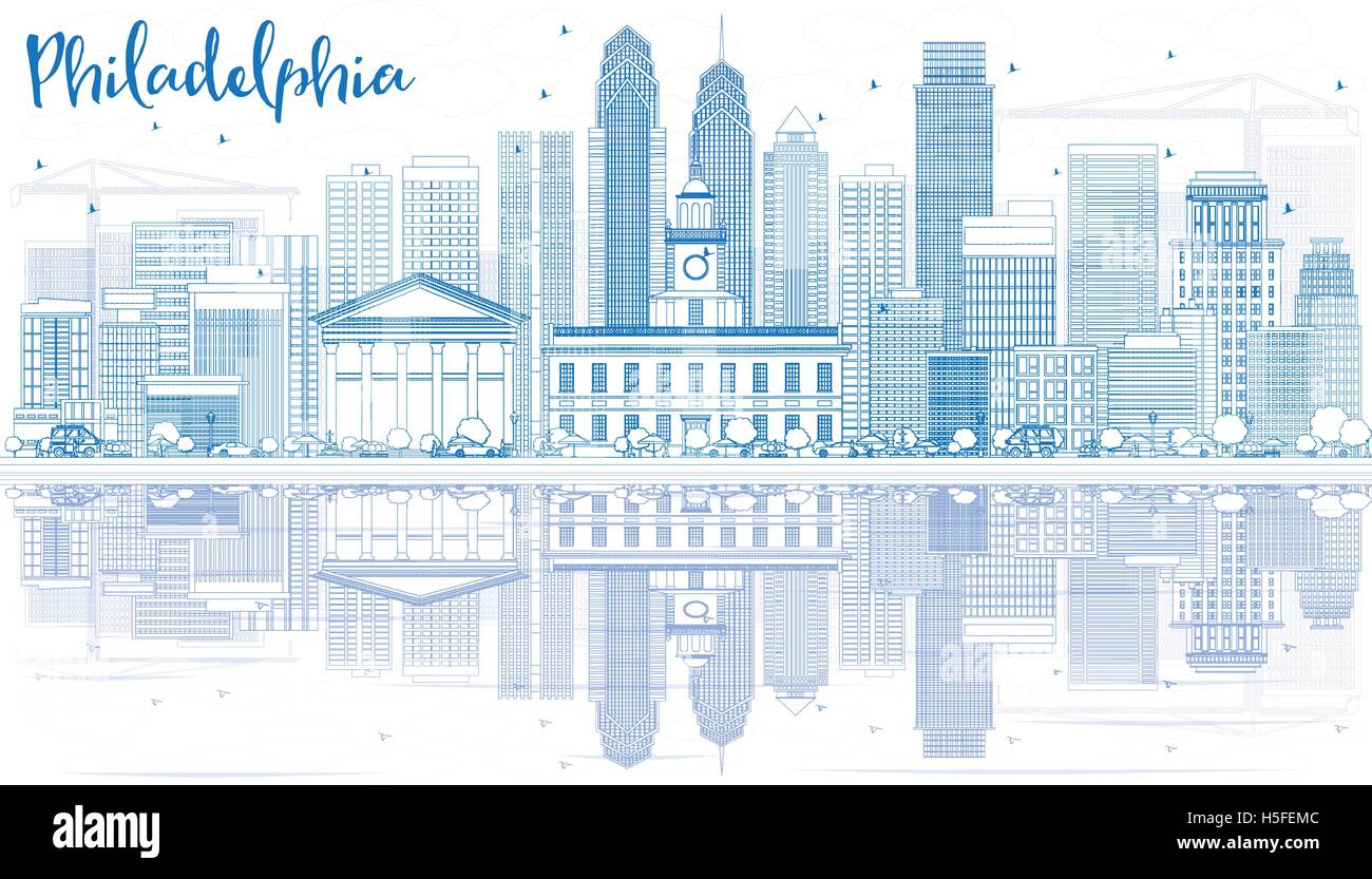 Outline Philadelphia Skyline with Blue Buildings and Reflections ...