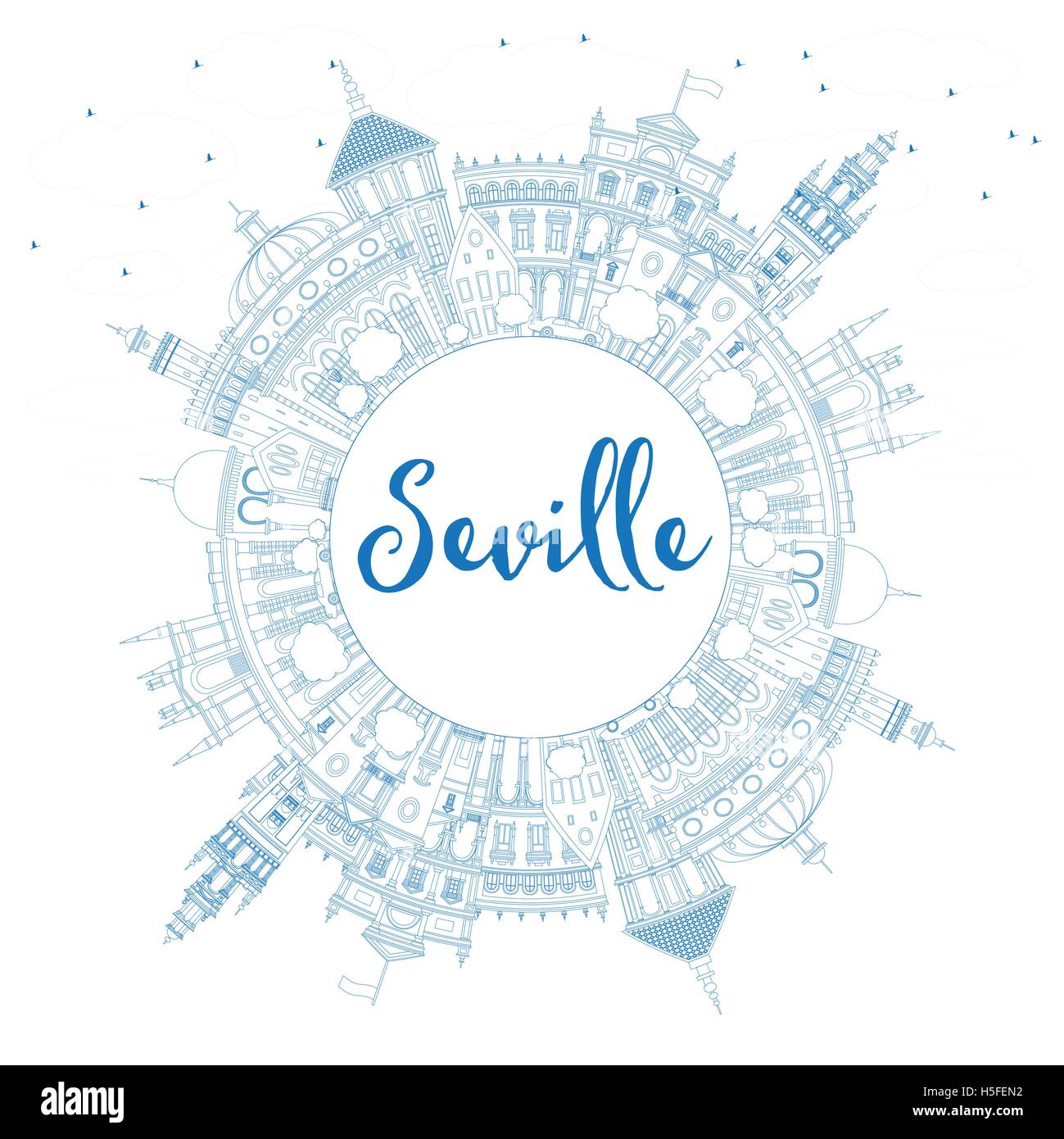 Outline Seville Skyline with Blue Buildings and Copy Space. Vector ...