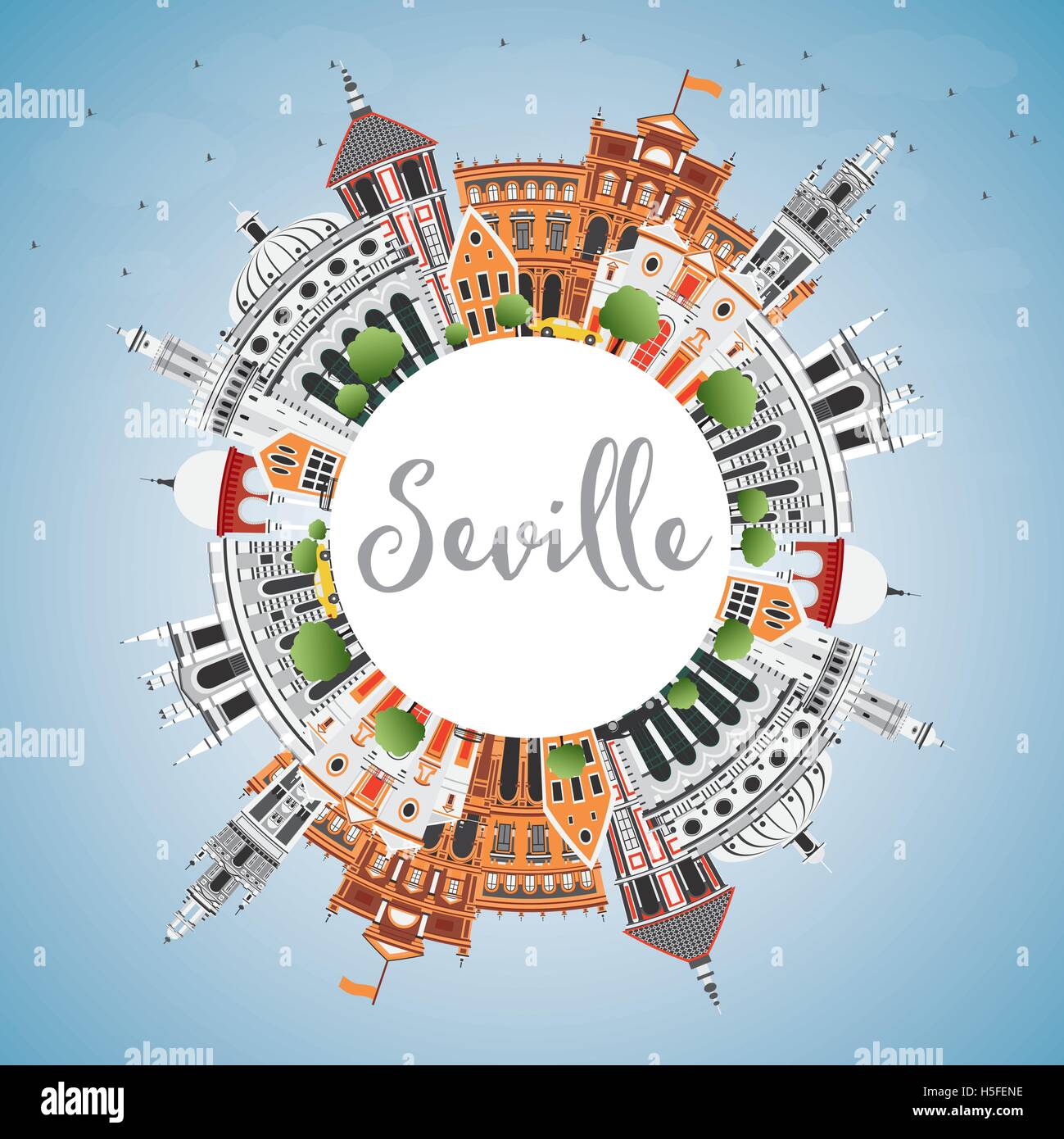 Seville Skyline with Color Buildings, Blue Sky and Copy Space. Vector ...