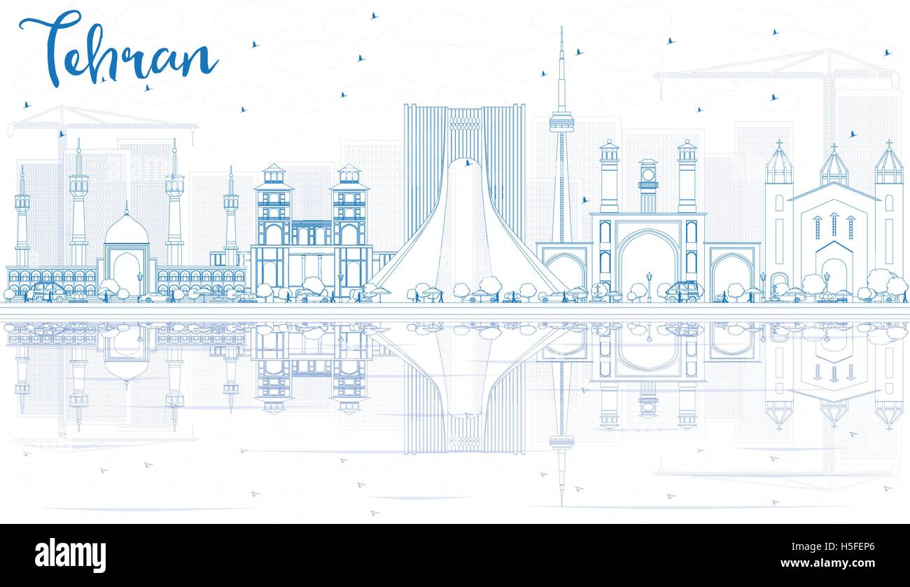 Outline Tehran Skyline with Blue Landmarks and Reflections. Vector ...