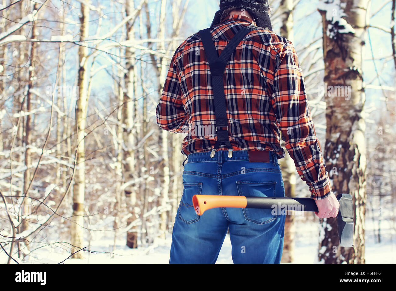 sun day man with axe in the forest Stock Photo - Alamy
