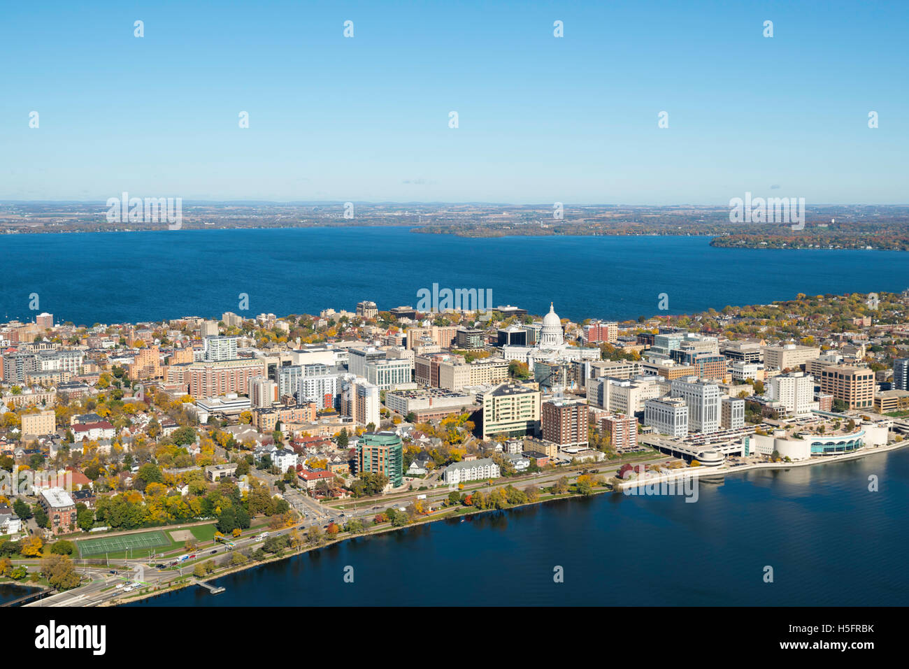 An aerial view of Madison, Wisconsin, the State Capitol, and the ...