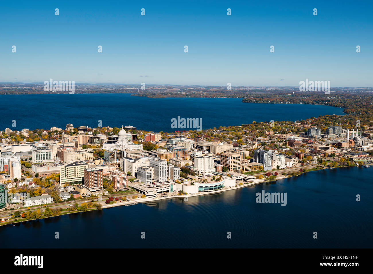 An aerial view of Madison, Wisconsin, the State Capitol, and the ...