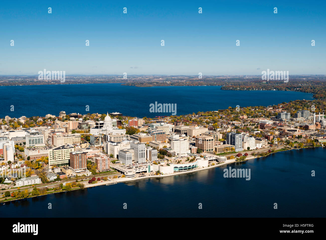 An aerial view of Madison, Wisconsin, the State Capitol, and the ...