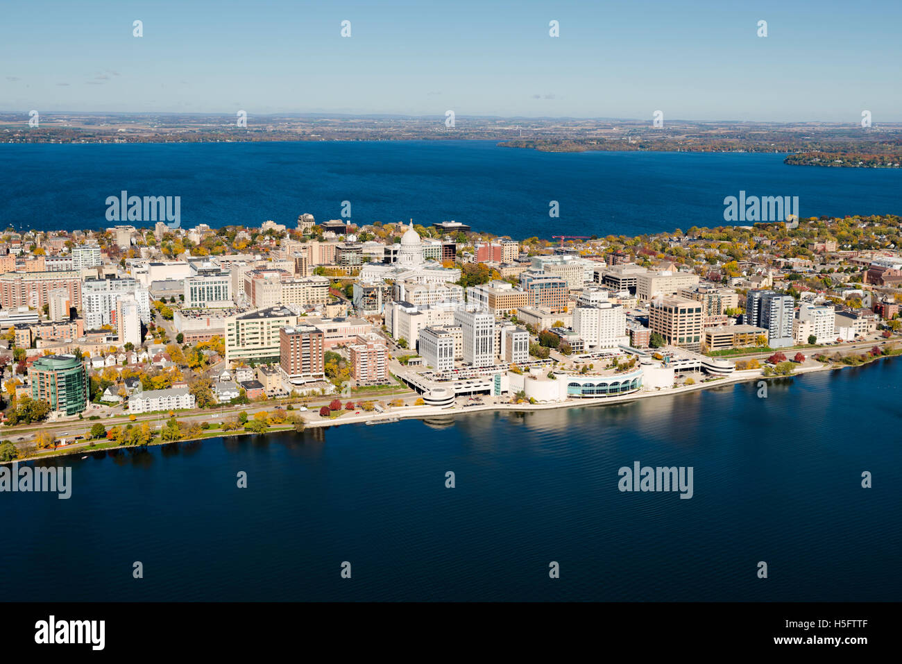 An aerial view of Madison, Wisconsin, the State Capitol, and the ...
