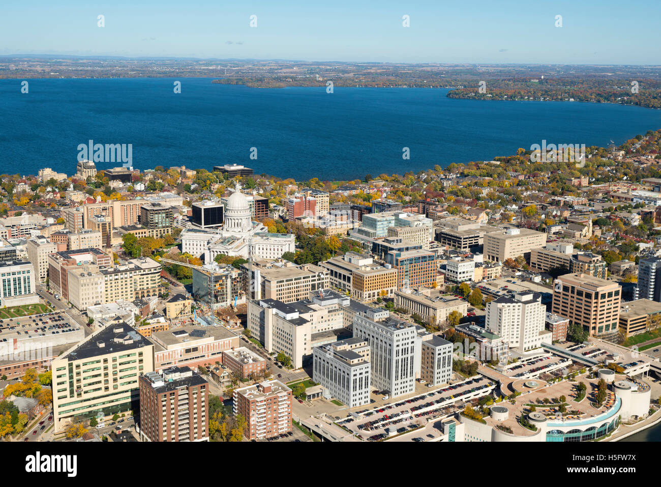 An aerial view of Madison, Wisconsin, the State Capitol, and the ...