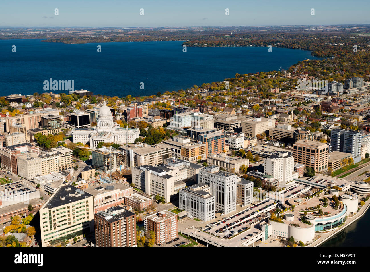 An aerial view of Madison, Wisconsin, the State Capitol, and the ...