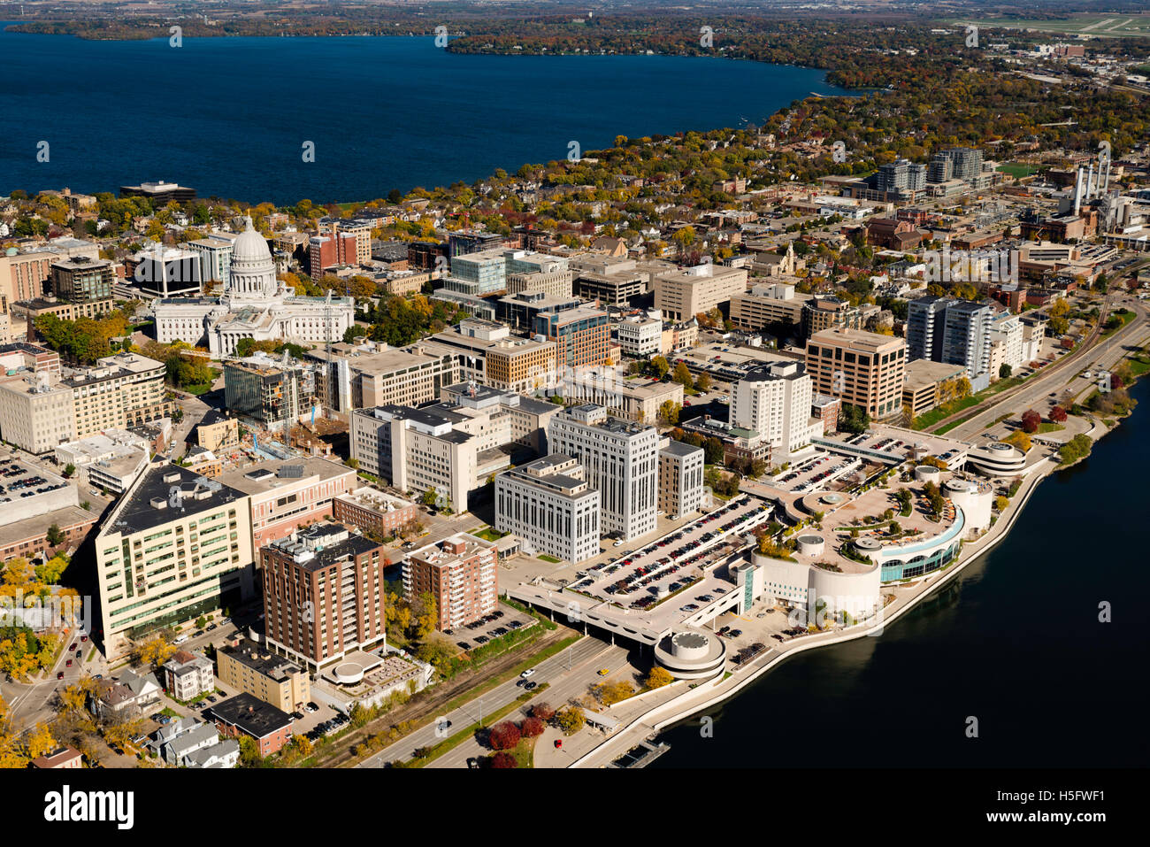 An aerial view of Madison, Wisconsin, the State Capitol, and the ...