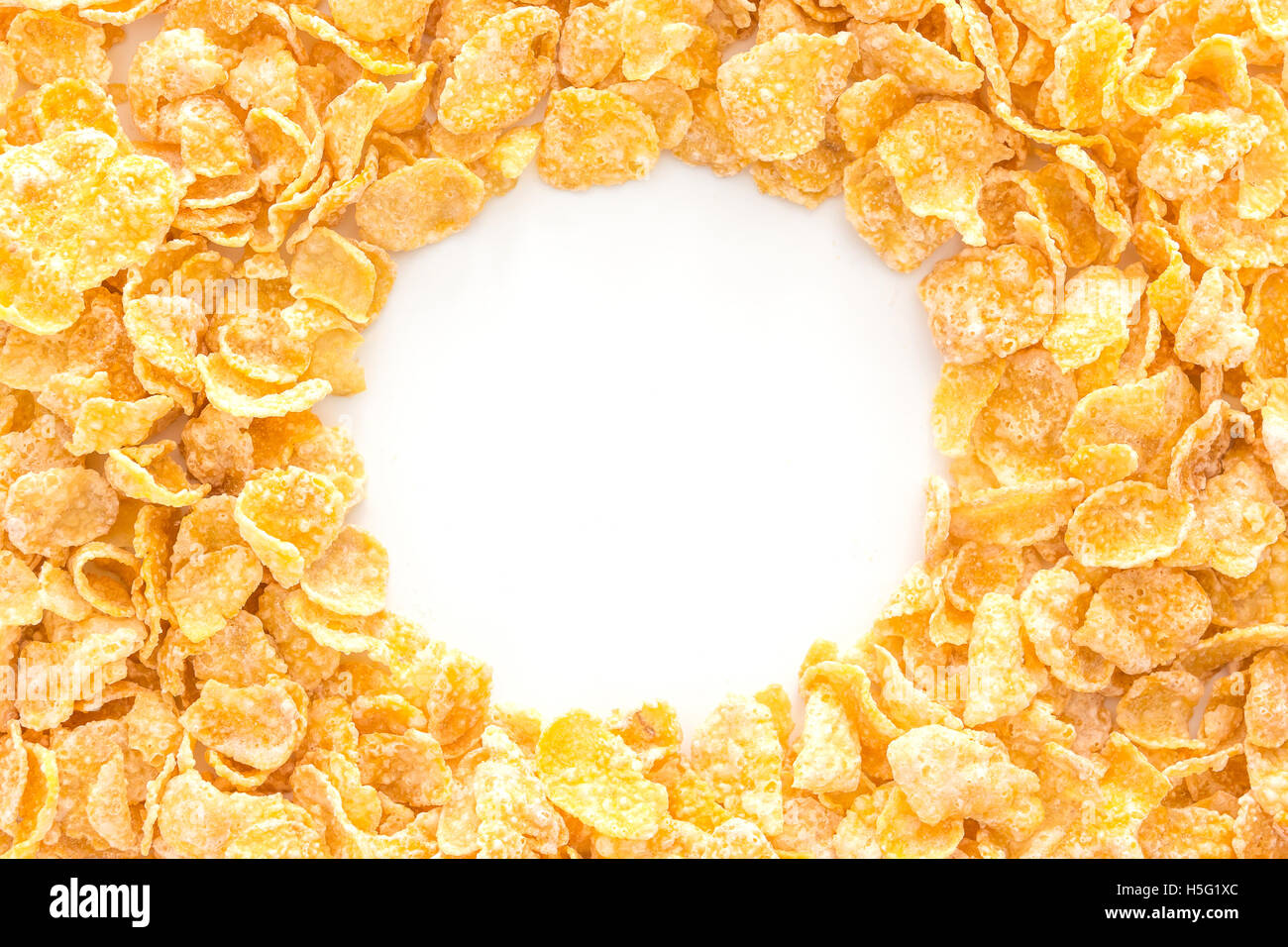 Pile of cornflakes, isolated on white background, Top view with copy ...