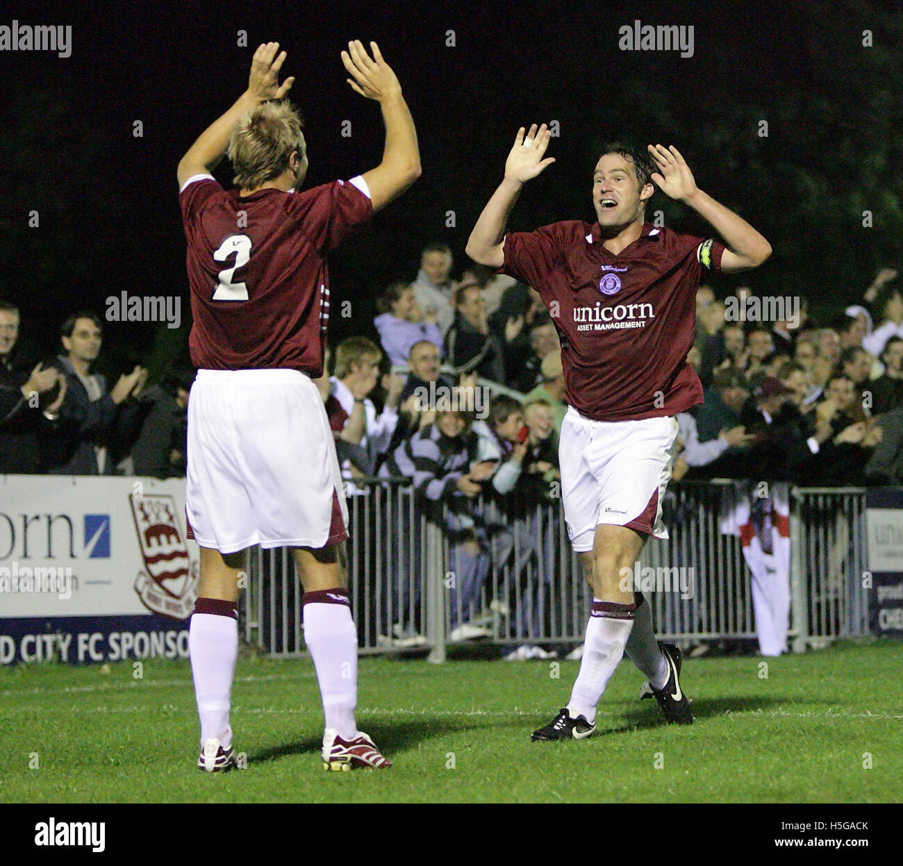 Lee Protheroe (left) celebrates with Chelmsford goalscorer Andy Duncan ...