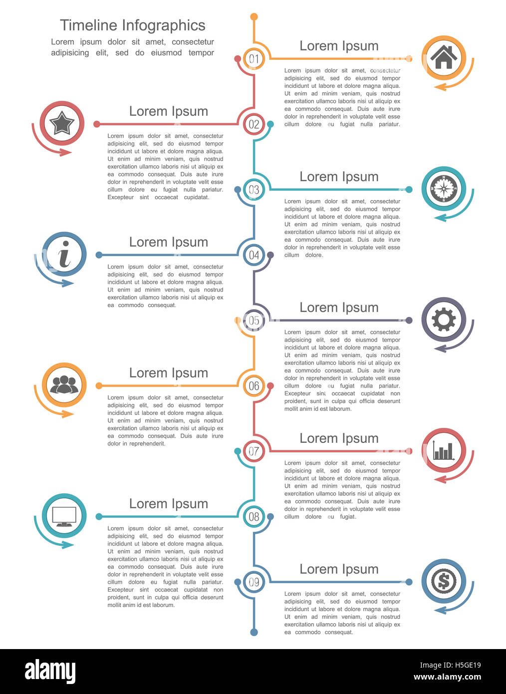Timeline infographics template with nine elements Stock Photo - Alamy