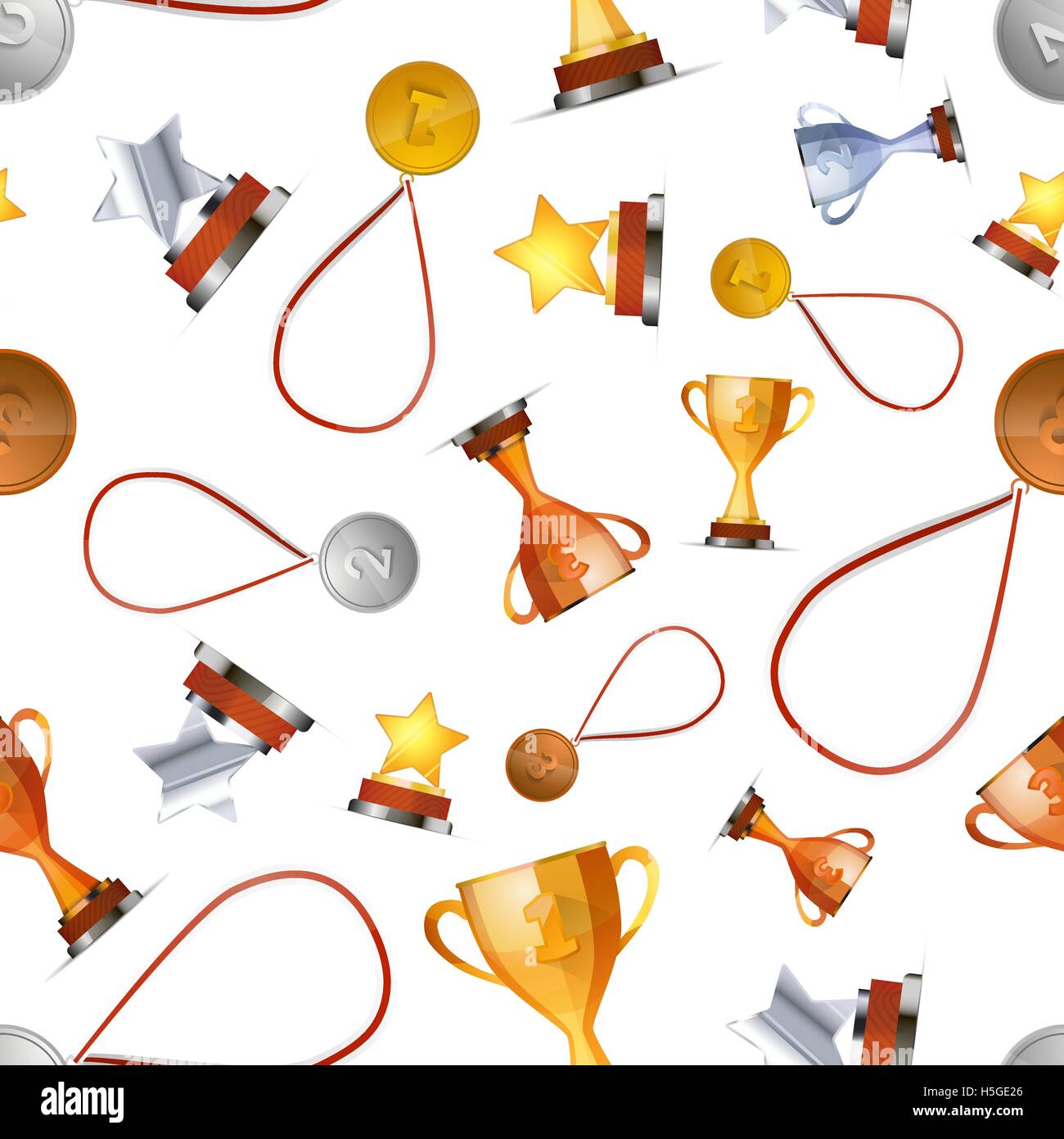 Winners awards with medals, cups and stars on white, seamless pattern ...