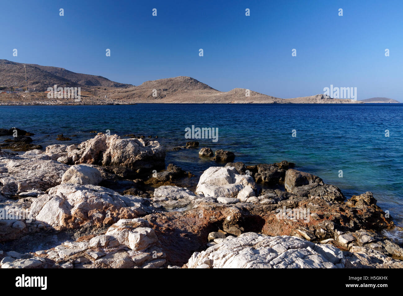View from Ftenaghia Beach, Chalki Island near Rhodes, Dodecanese ...