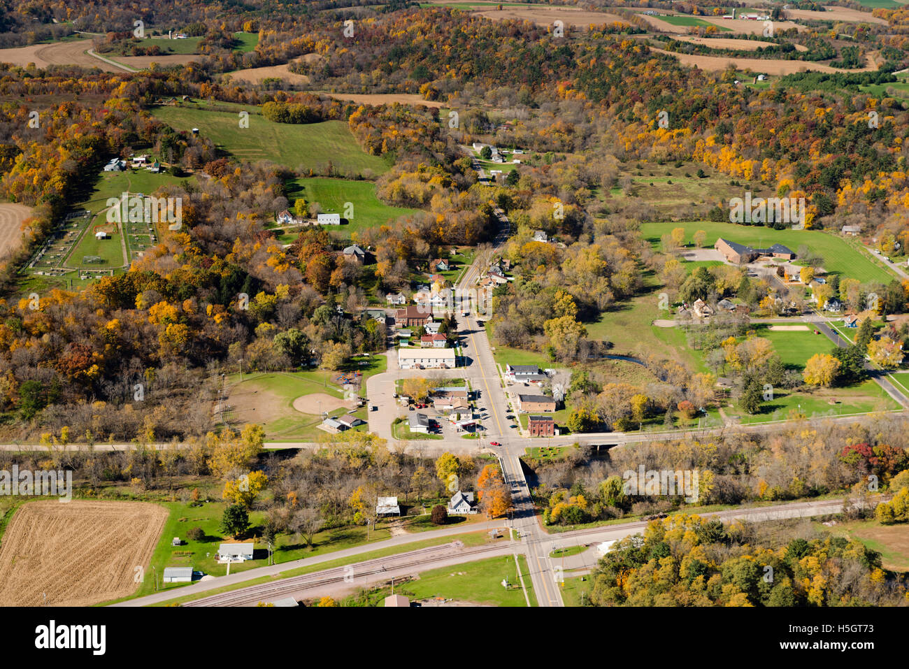 Aerial view of Rock Springs, Wisconsin, in Sauk County's Baraboo Hills ...