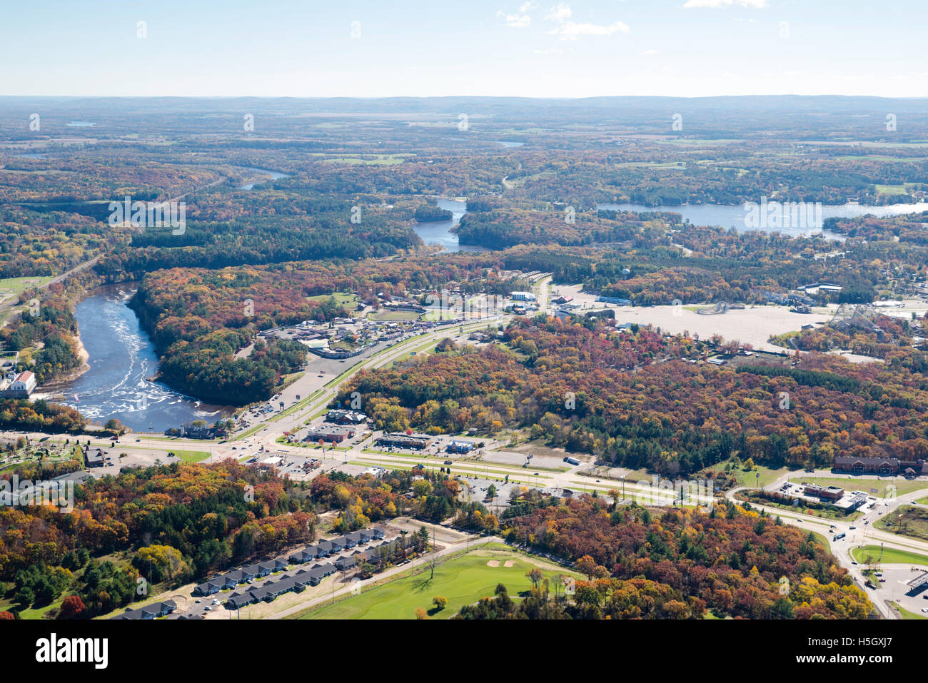 Aerial view of the Dells of the Wisconsin River and the city of ...