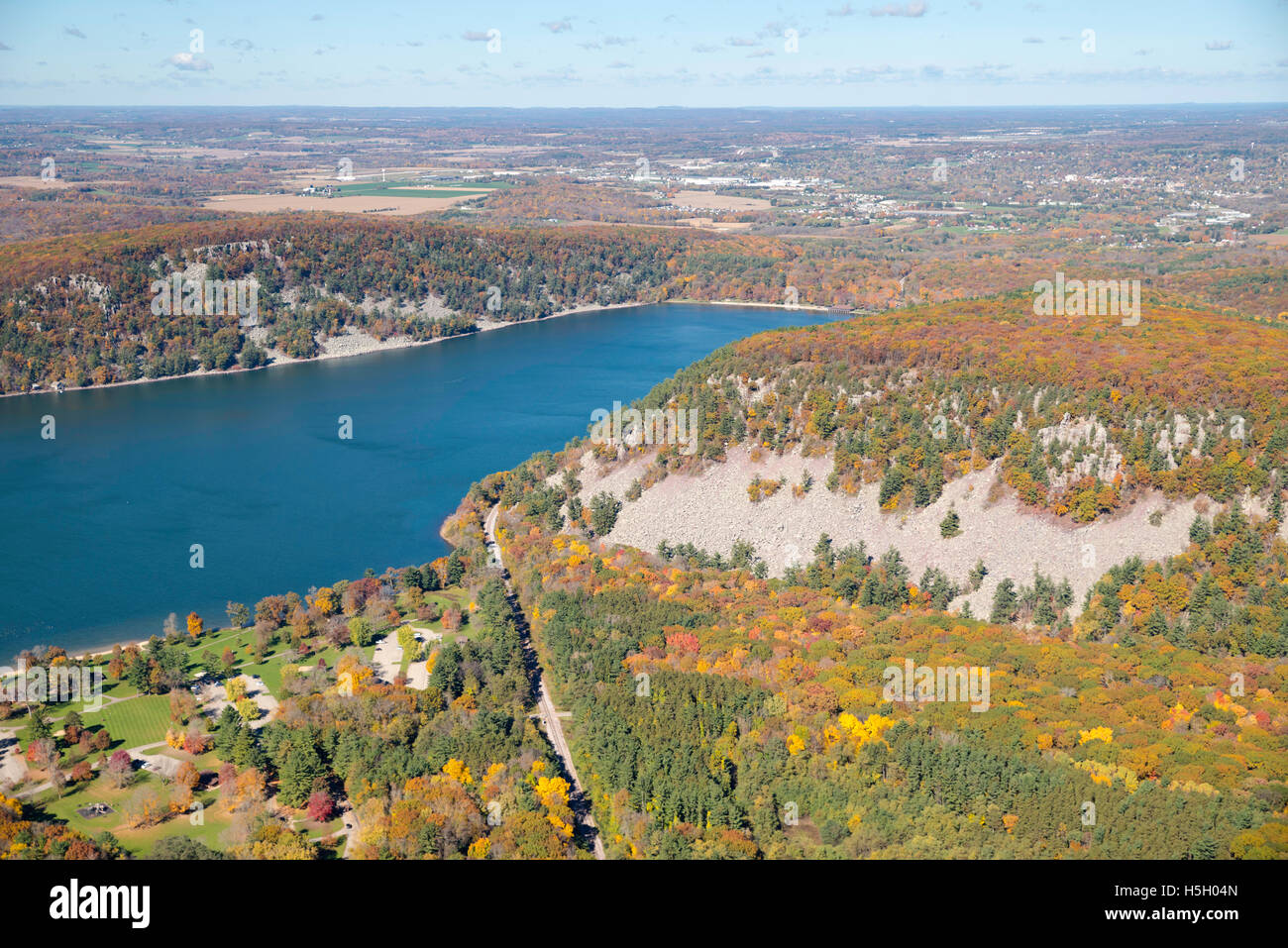 Aerial view of of the South Bluff and Devil's Lake at Devil's Lake ...