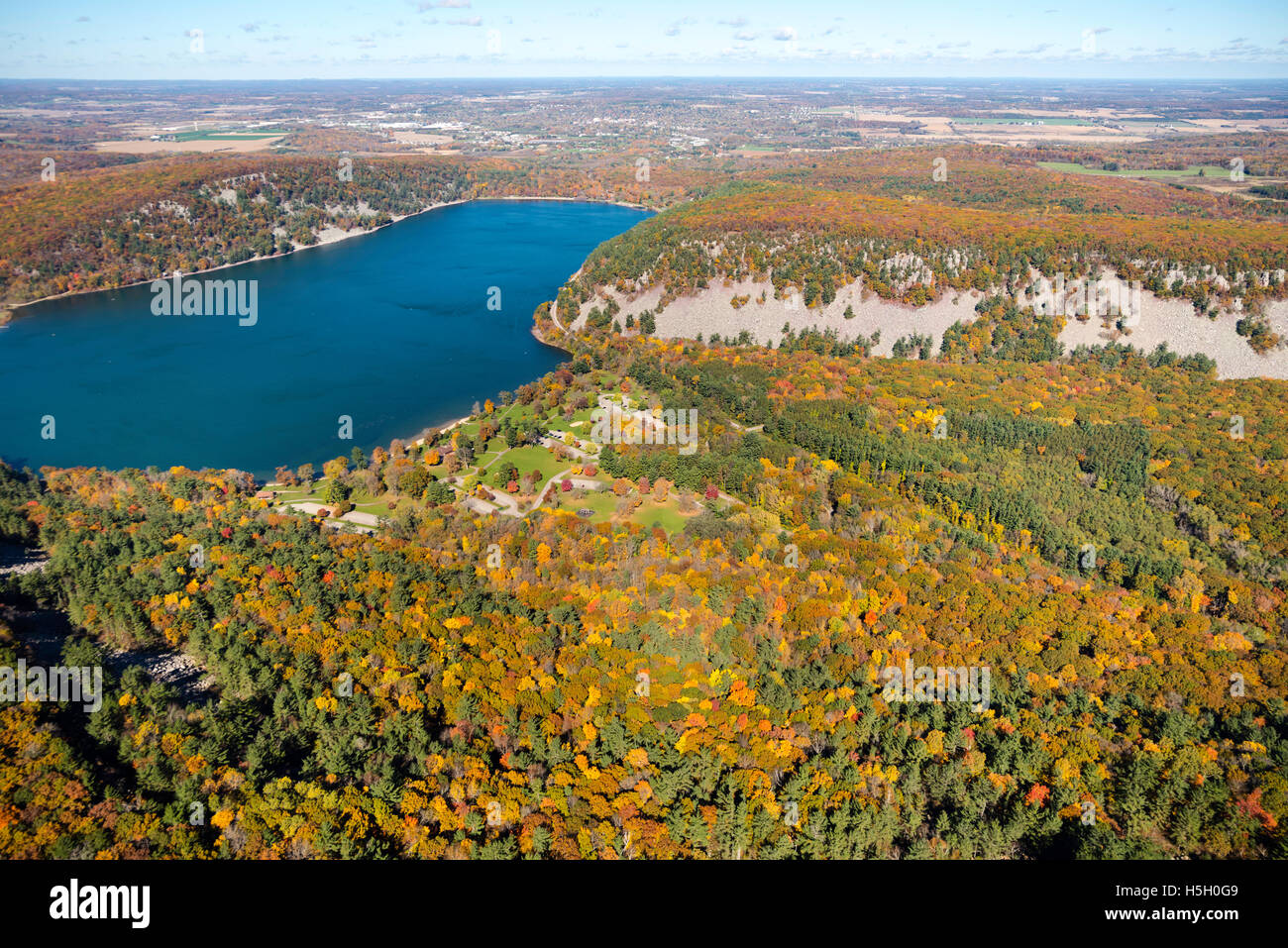 Aerial view of of the South Bluff and Devil's Lake at Devil's Lake ...